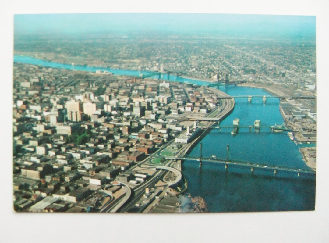 Vintage Portland Postcard, Ariel View Willamette River and Five Bridges ...