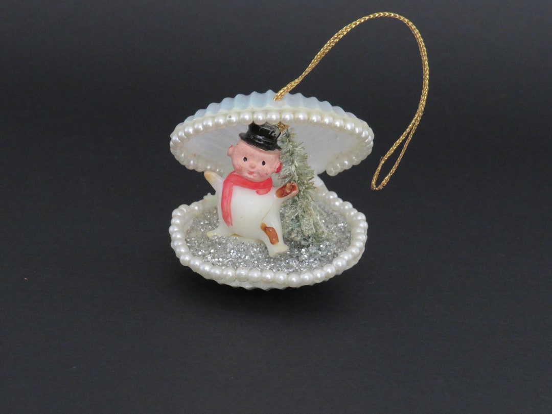 Vintage Shell Ornament, Miniature Plastic Snowman Figurine and Bottle ...