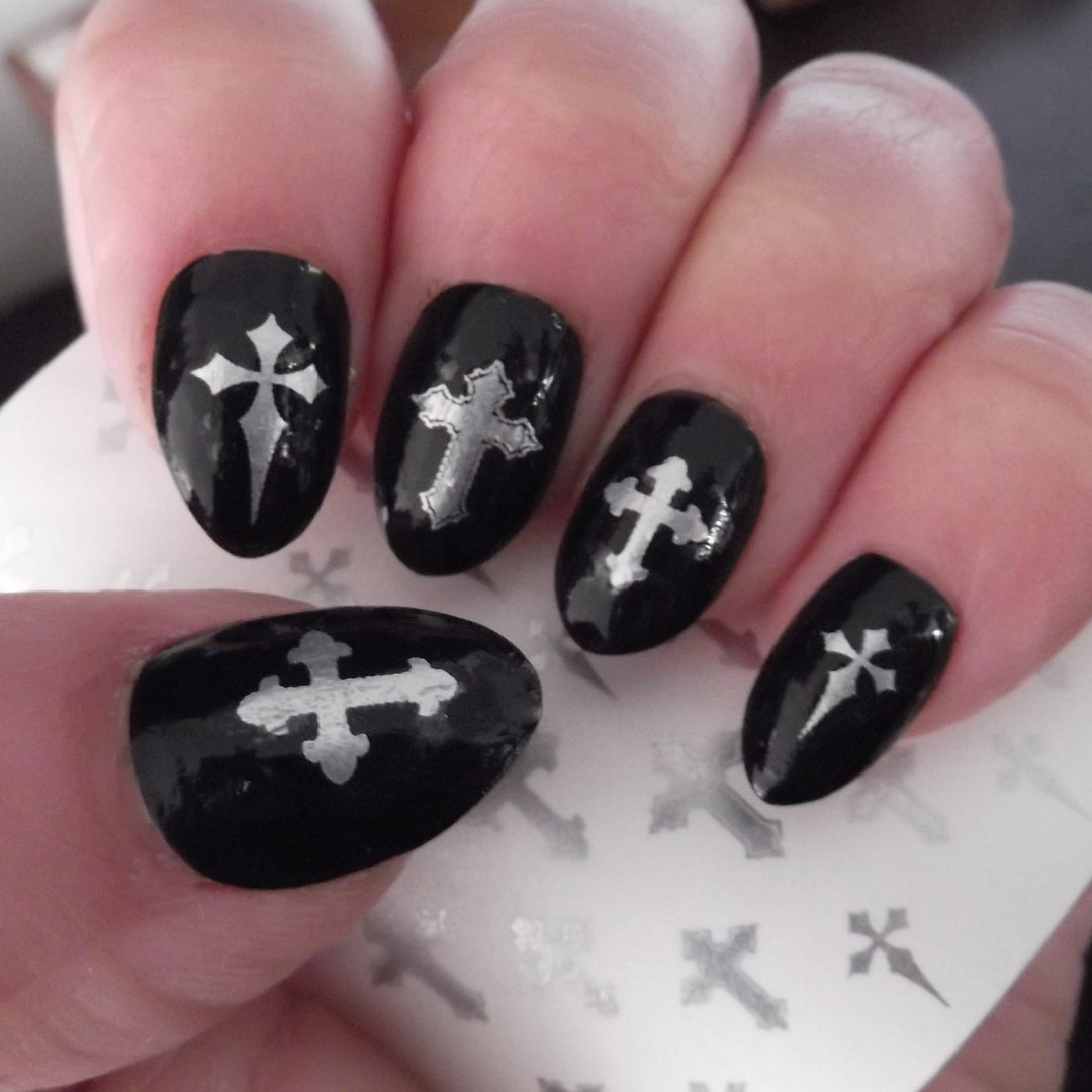 Silver CROSS Nail Decals, 29 Waterslide Decals, Great Over Black Nails ...