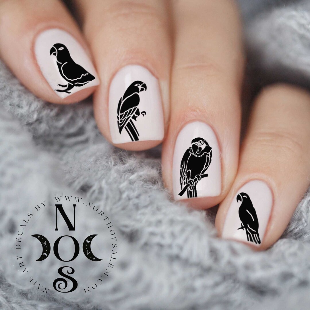 PARROT Waterslide Nail Decals MEGAPACK 40 Black Parrots Tropical Nails ...