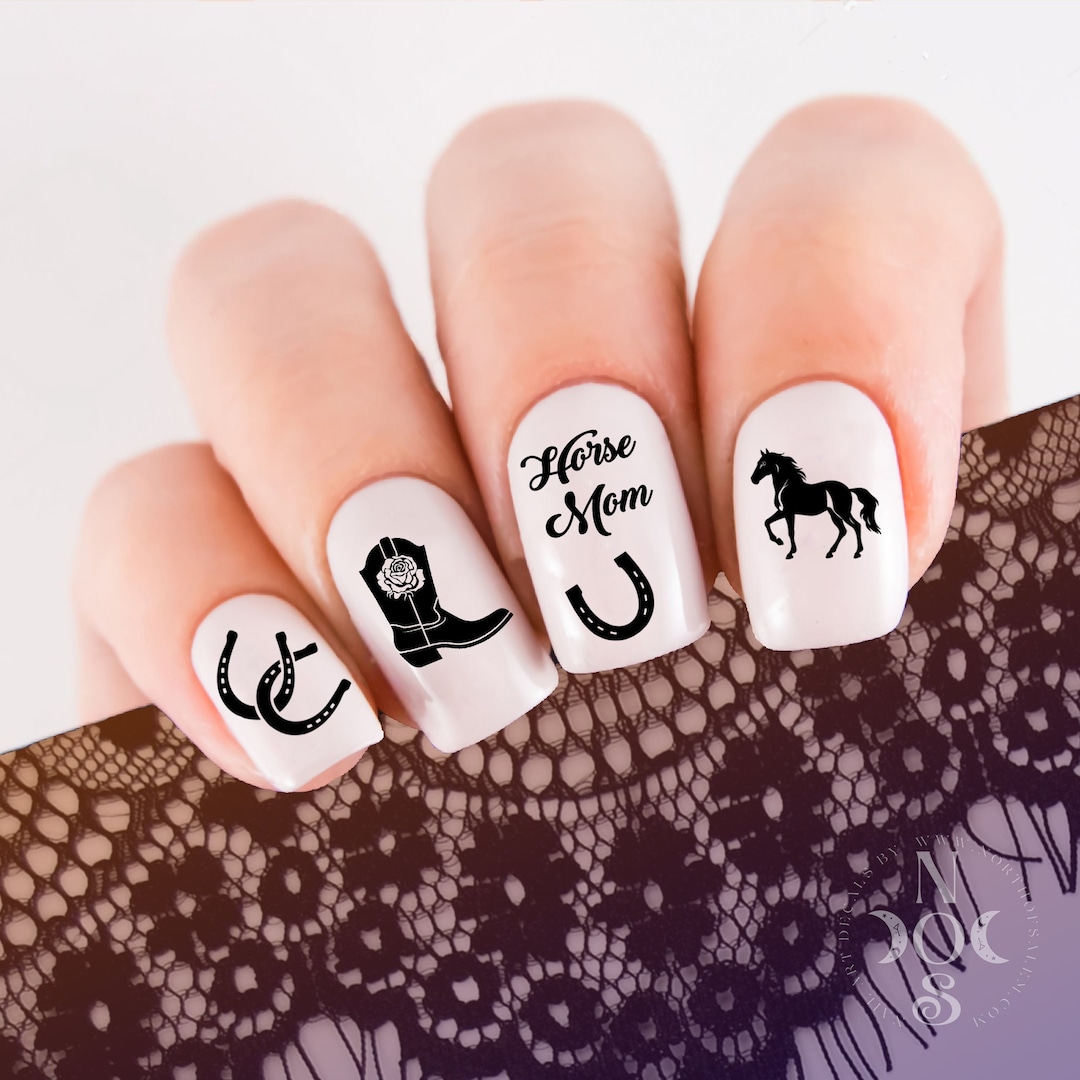 HORSE Mom Nail Decals | 63 BLACK Horses Waterslide Transfer Nail Art | Cowboy Boot | Lucky Horse ...