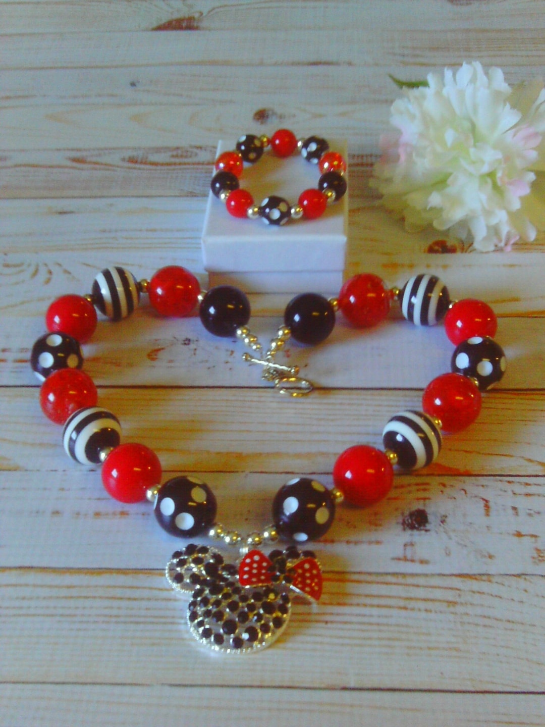 Minnie Mouse, Black & Red Rhinestone Chunky Bubblegum Necklace and ...
