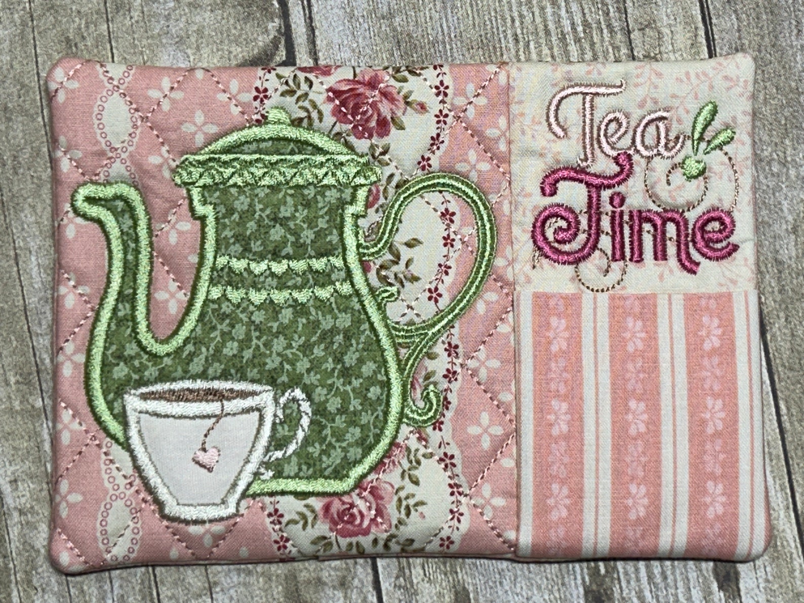 Tea Time Mug Rug With Pocket--mug Rug, Embroidered, Quilted--makes a ...