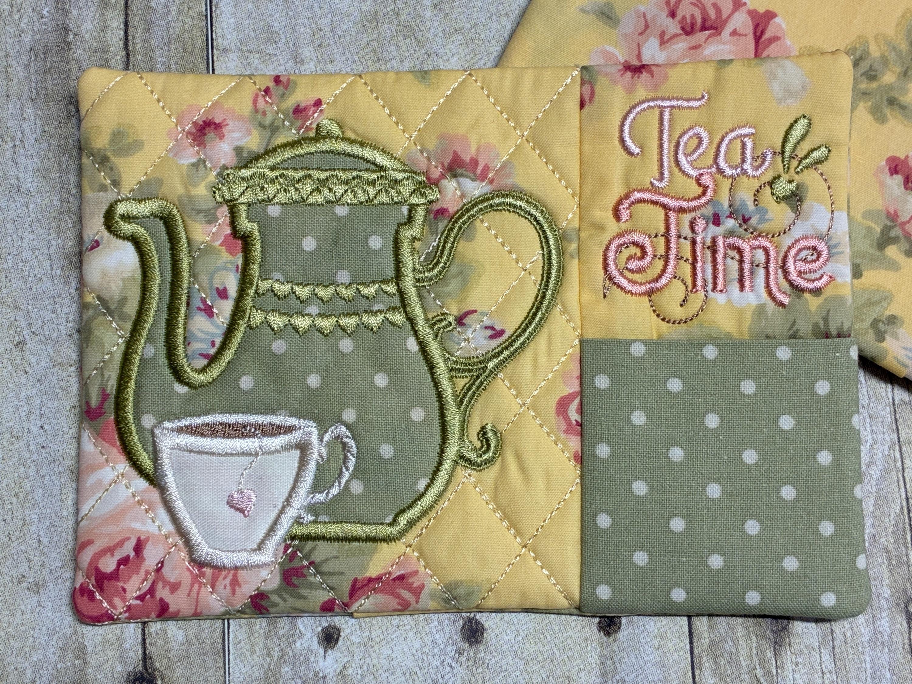 Tea Time Mug Rug With Pocket--mug Rug, Embroidered, Quilted--makes a ...