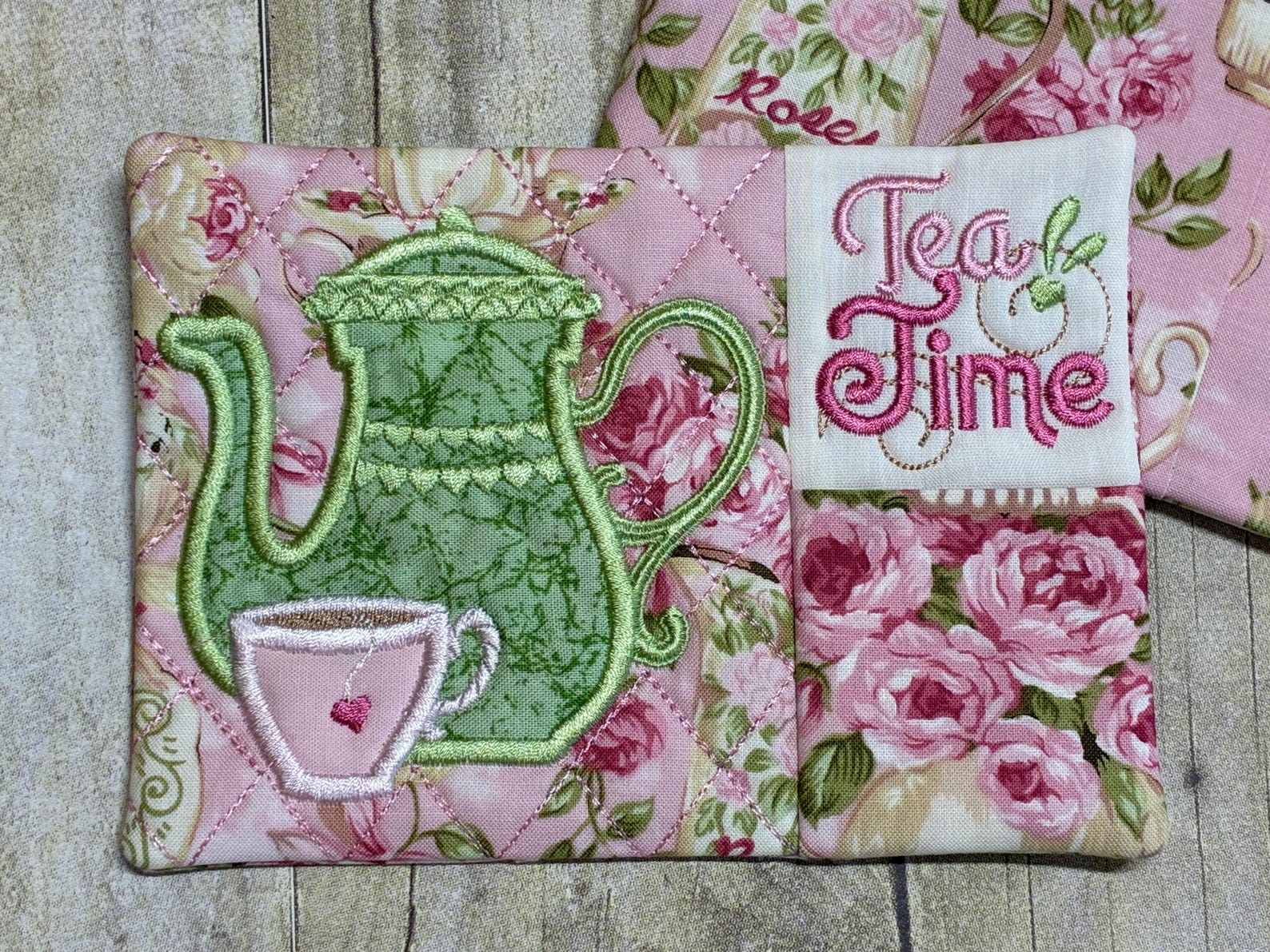 Tea Time Mug Rug With Pocket--mug Rug, Embroidered, Quilted--makes a ...