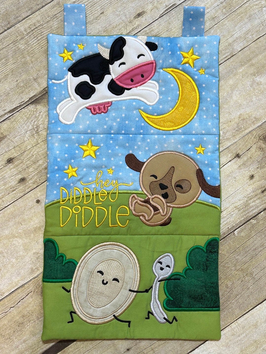 Hey Diddle Diddle Nursery Rhyme Wall Hanging Embroidered 9 1/4" X 16 ...