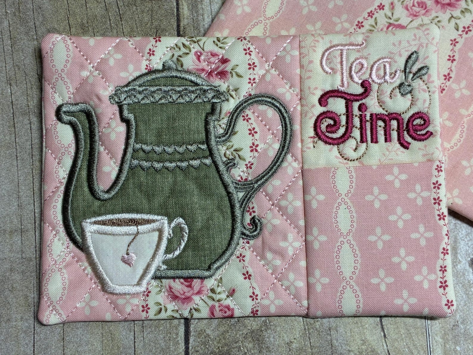 Tea Time Mug Rug With Pocket--mug Rug, Embroidered, Quilted--makes a ...