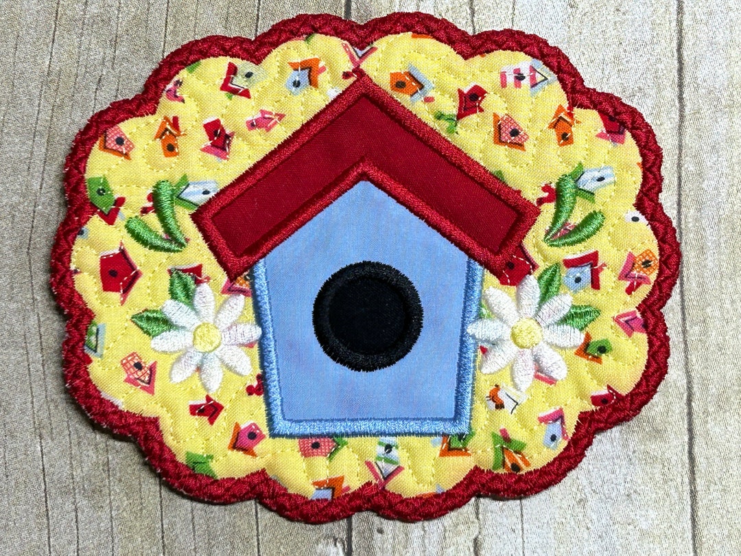 Birdhouse With Scalloped Edge--mug Rug, Embroidered, Quilted--makes a ...