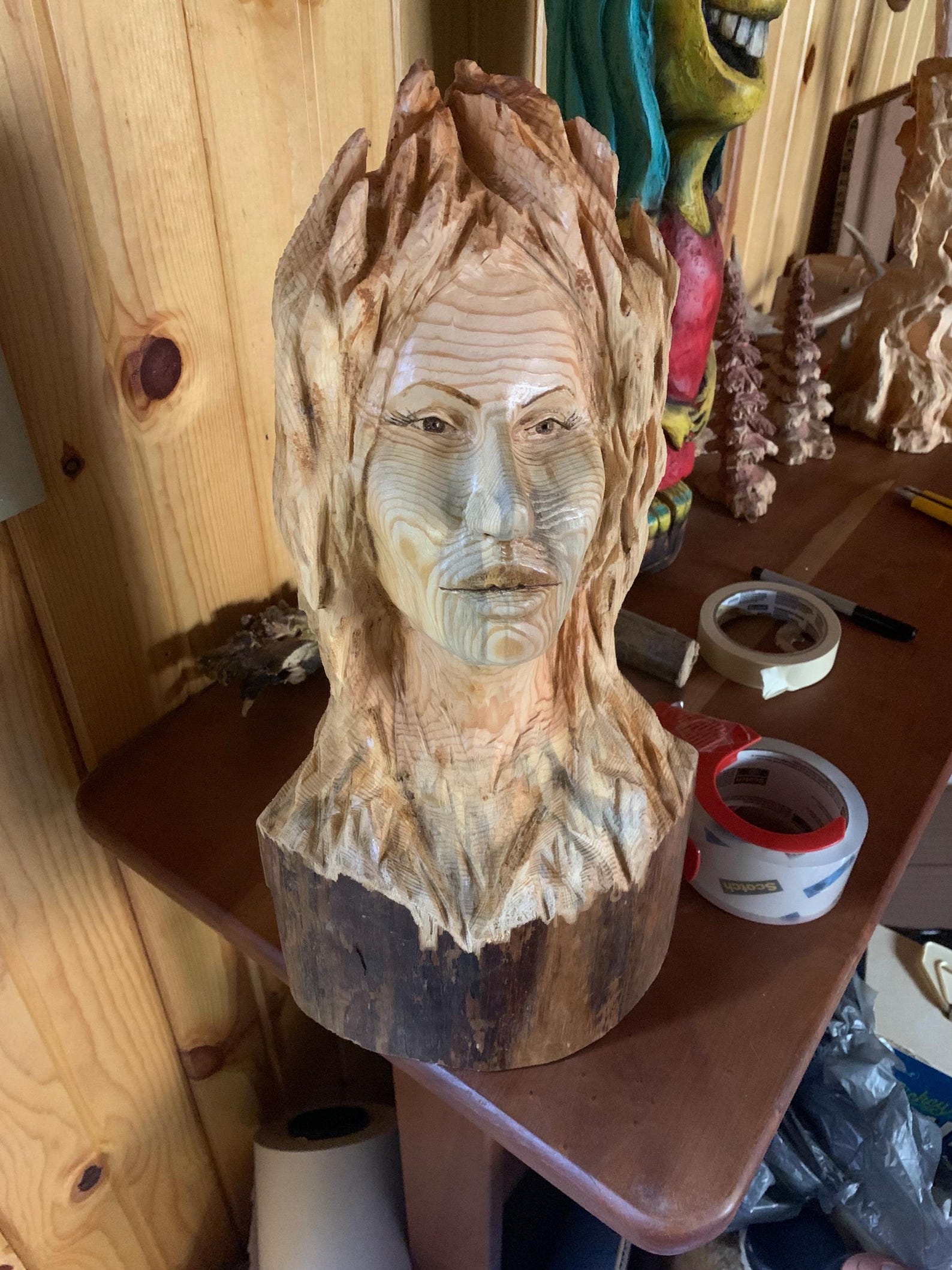 Female Face Wood Carving Bust Sculpture Perfect Wood Gift Carving of a ...