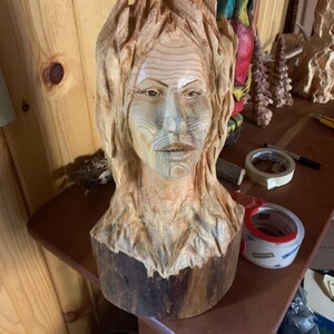 Hand Carved Pine Wood Woman Bust Sculpture - "slay, Queen" Chainsaw ...