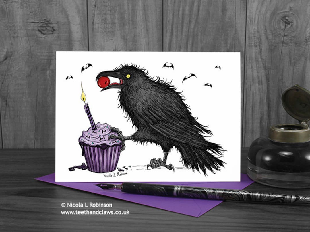 Gothic Raven Birthday Card- Black and Purple- Crow Greeting Card- Made ...