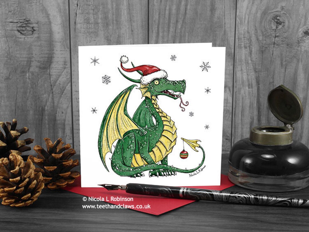 Green Dragon Christmas Card, Santa Dragon Christmas Card, Christmas ...