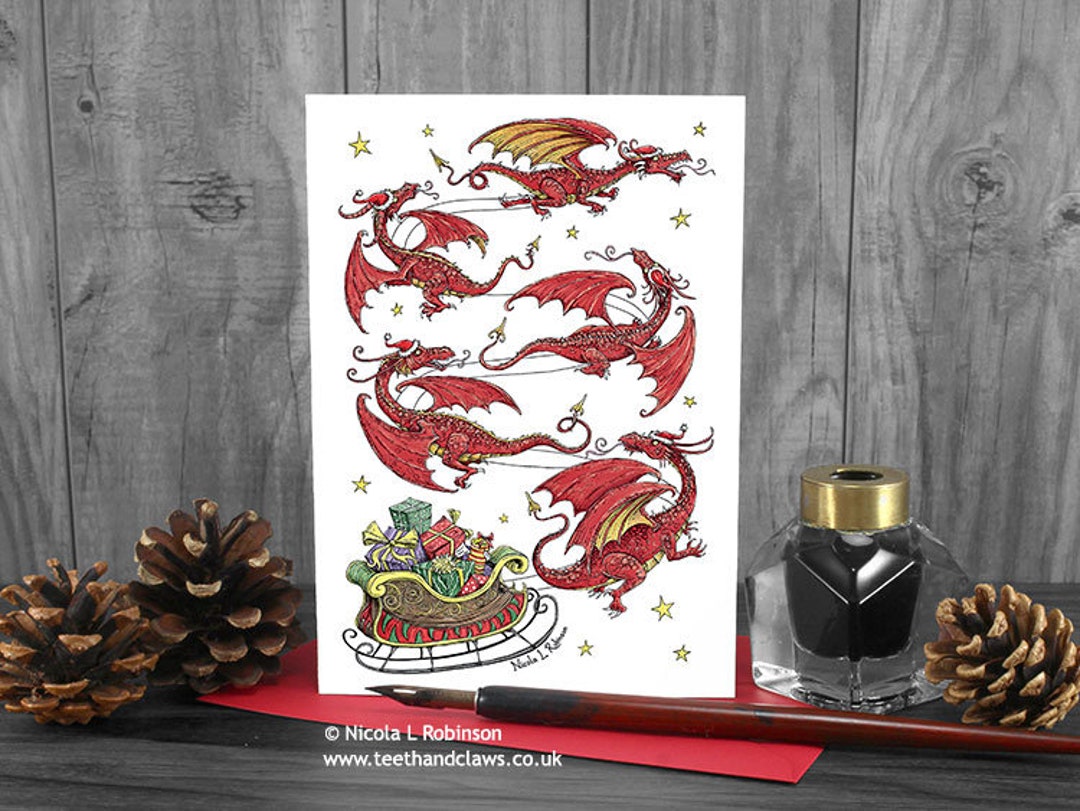 Red Dragon Sleigh Christmas Card, Dragon Christmas Card, Welsh Dragons ...