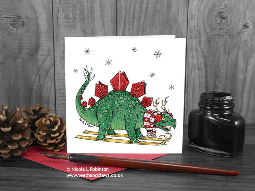 Stegosaurus Christmas Card, Dinosaur Christmas Card, Skiing Dinosaur ...