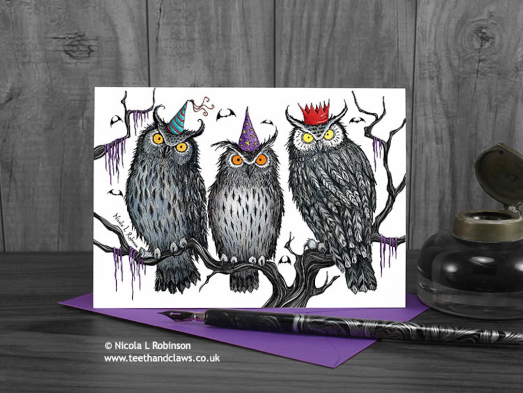 Gothic Owls Birthday Card, Owls Birthday Party Card, Halloween Birthday ...