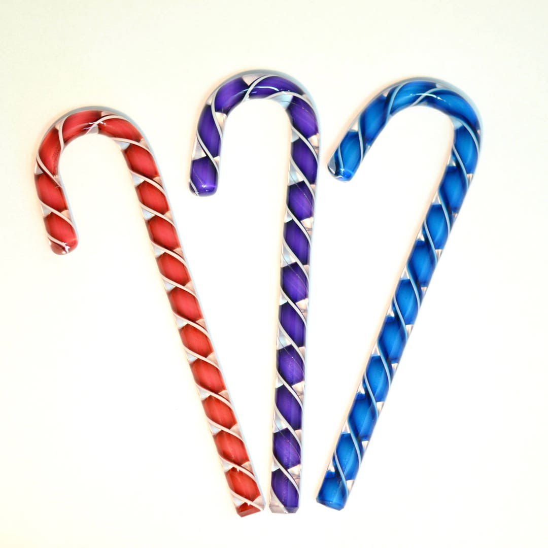Handblown Art Glass Ornament, Candy Canes, Rich Blue, Ruby Red and Deep ...