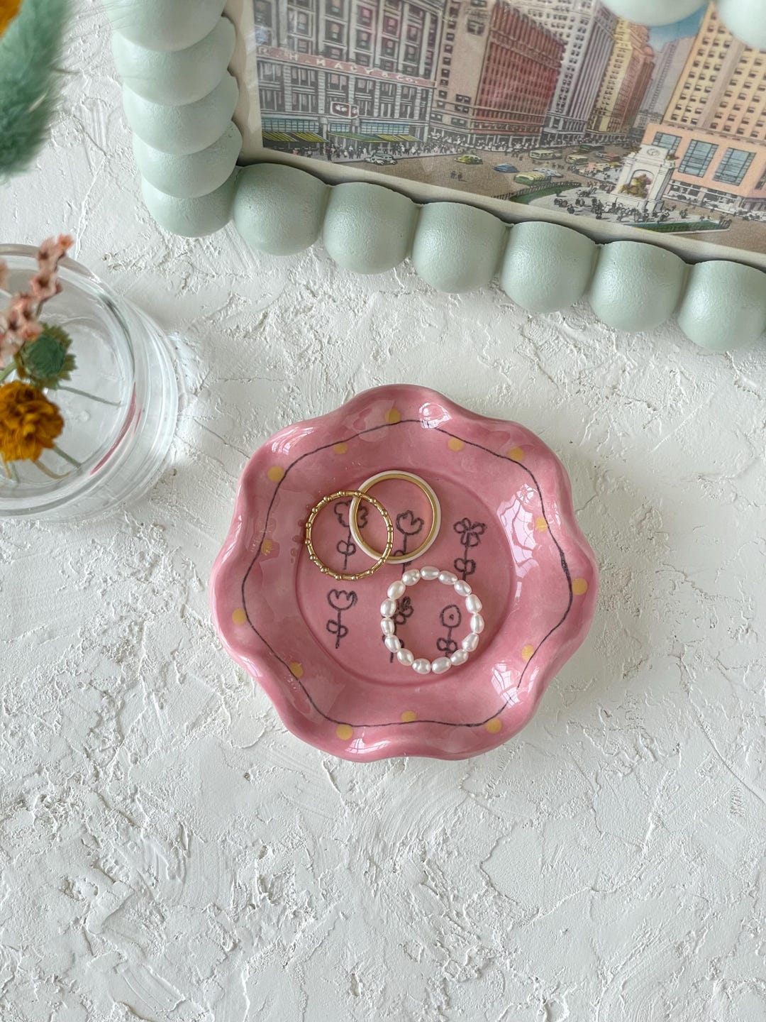 Pink Ceramic Flower Ring Dish, Hand Drawn, Mini Trinket Dish, Decorative Ceramic Ruffle Plate ...