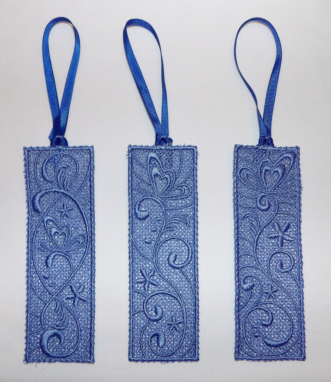 Set of 3 FSL Blue Bookmarks With Ribbon Machine Embroidered Lace A185 ...