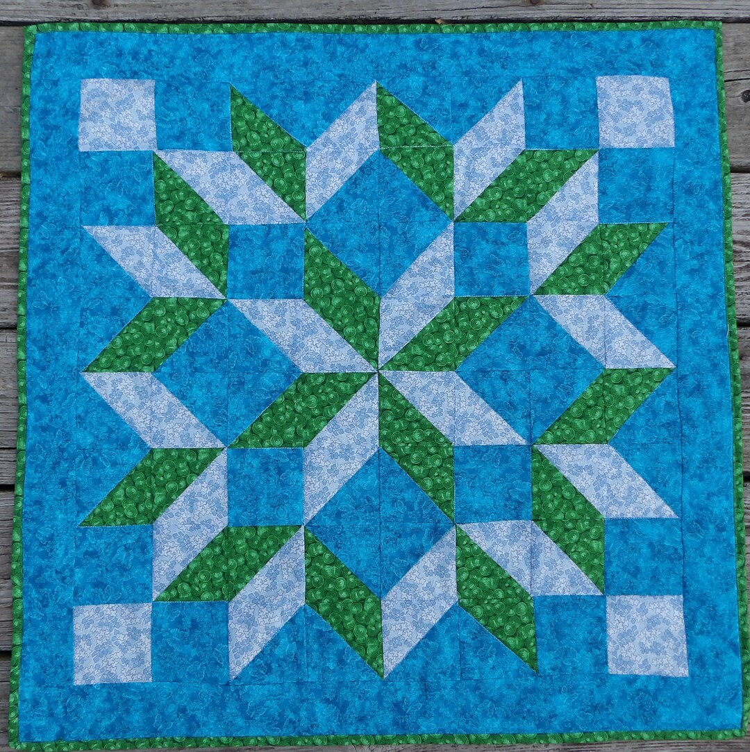 Carpenter's Wheel Blues and Green Pieced Wall Hanging, Table Topper ...