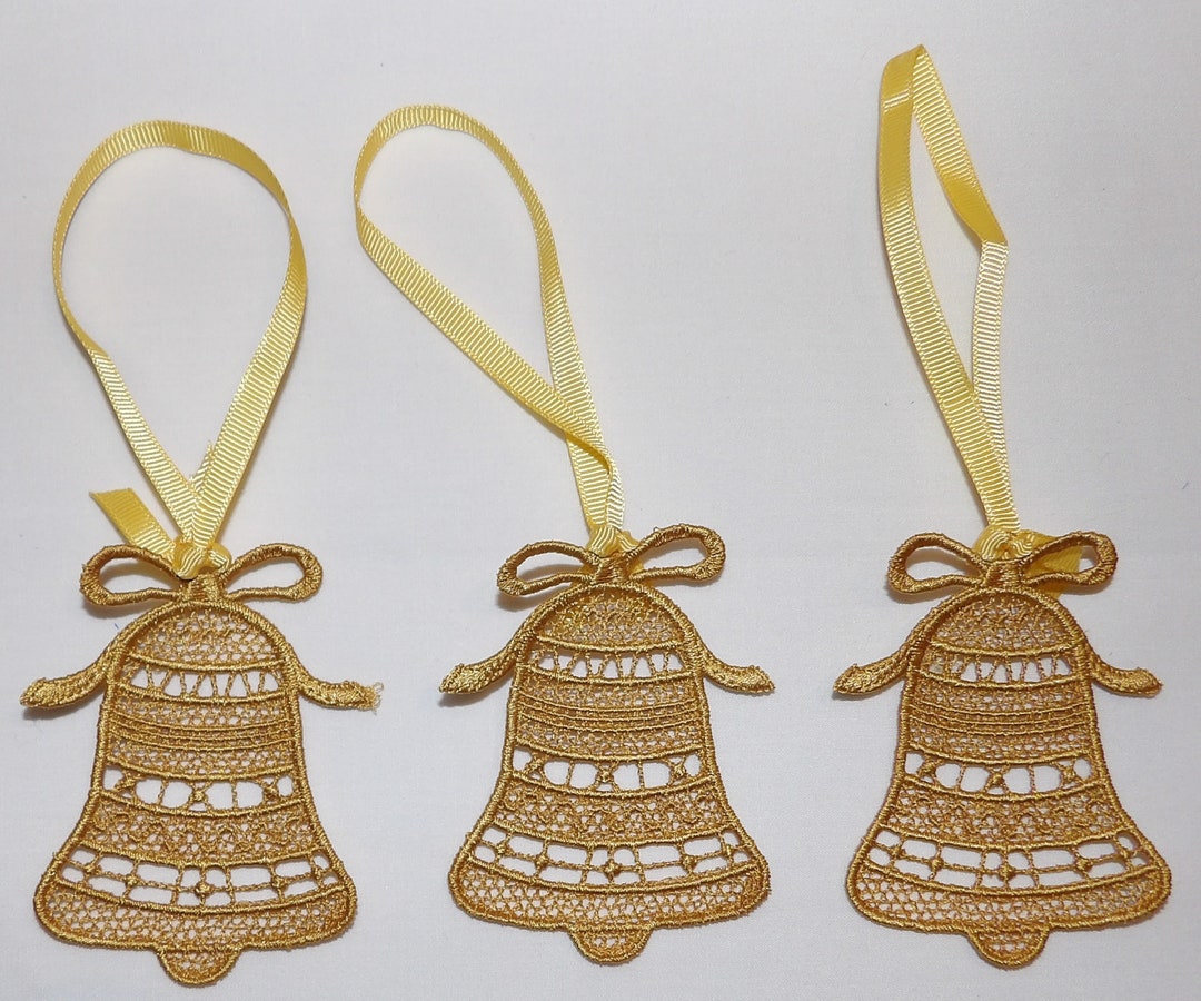 Set of 3 FSL Bell Ornaments W/hanging Hole & Ribbon Embroidered Lace ...