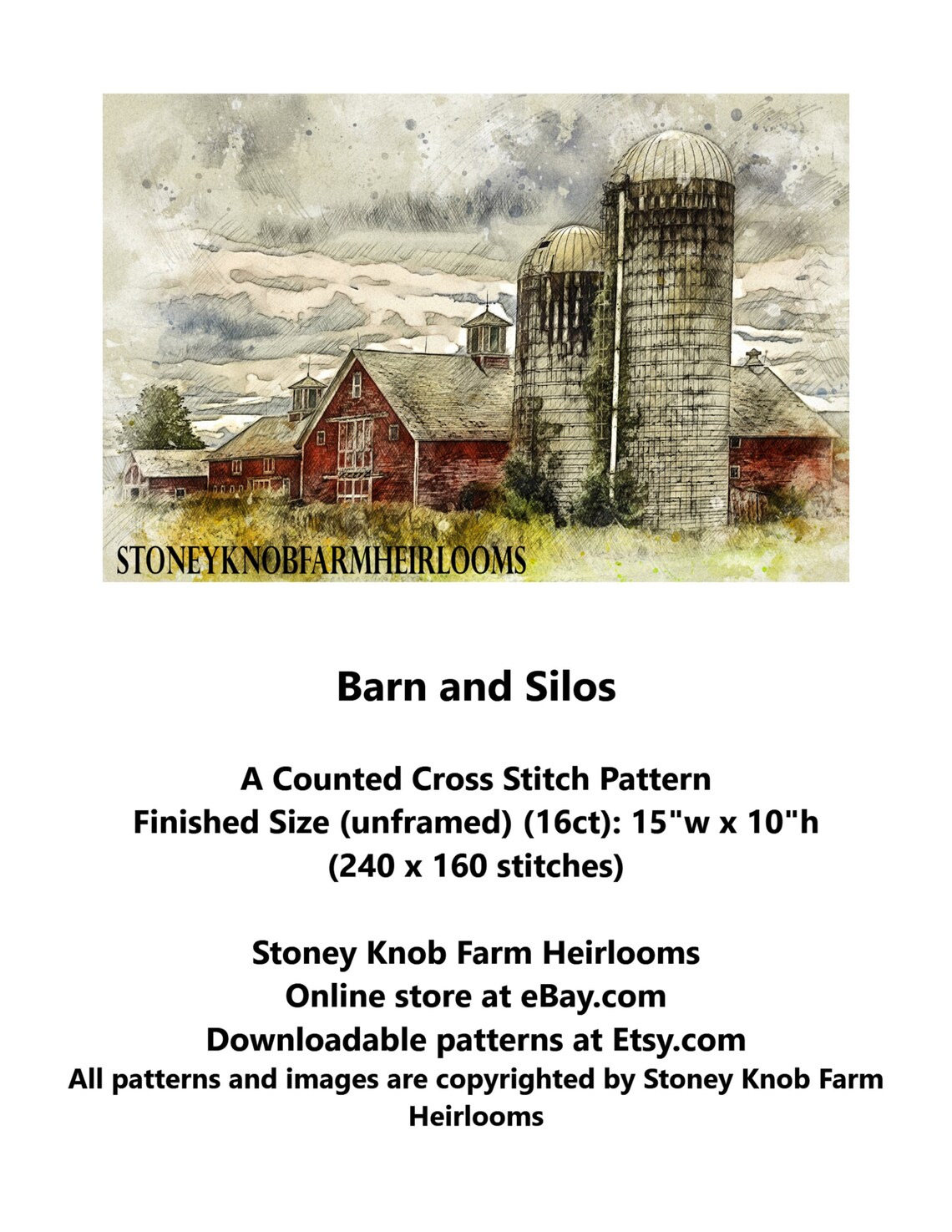 Barn and Silos ~ Farm Landscape ~ DIY 2 Cross Stitch Patterns ~ Color ...