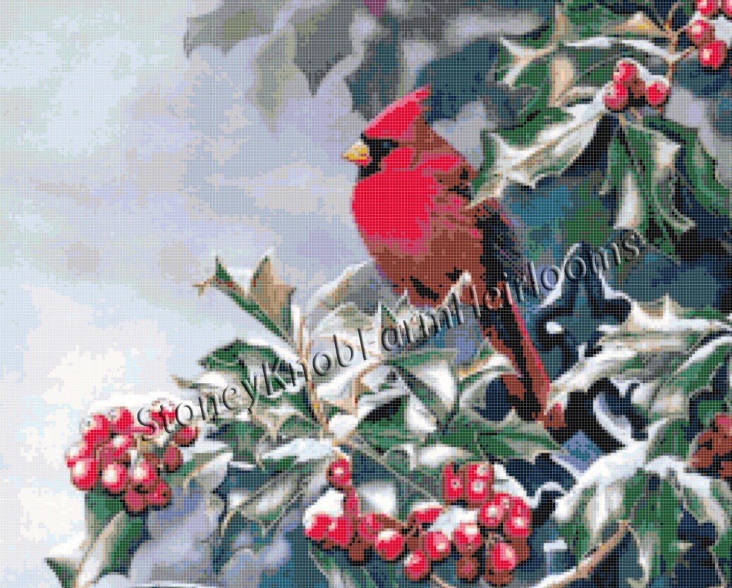 Cardinal in Wintery Holly Bush ~ Birds, Christmas ~ Cross Stitch ...