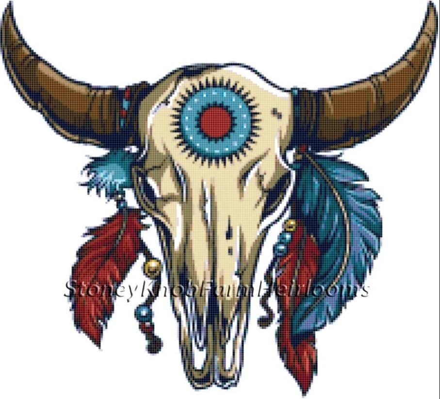Decorated Buffalo Skull ~ Native American ~ Cross Stitch Pattern in ...