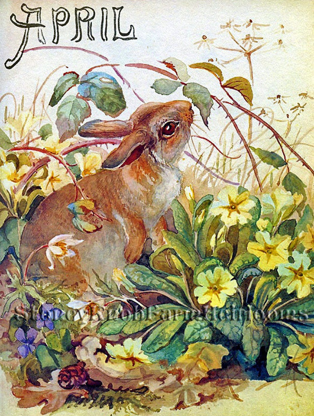 April ~ Nature, Rabbit, Flowers, Spring ~ Cross Stitch Pattern in Color ...