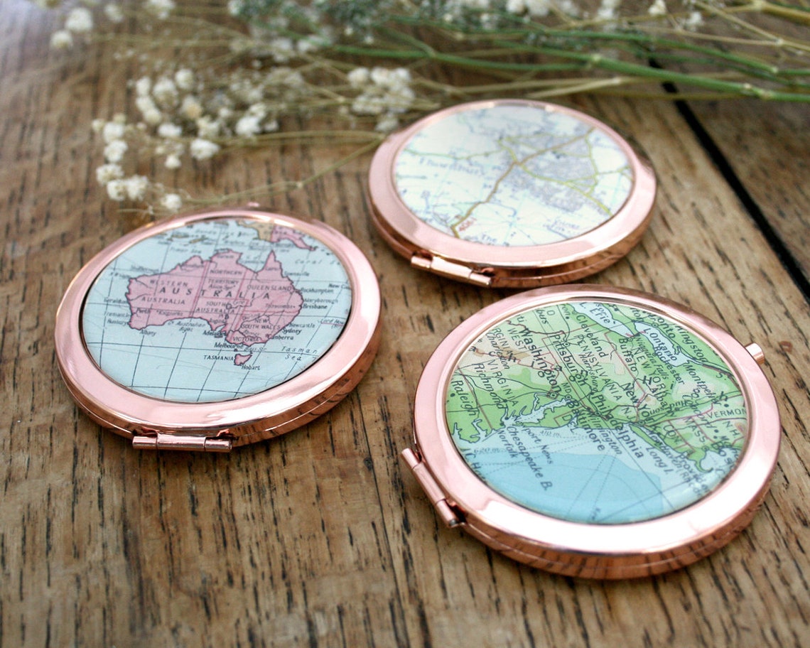Rose Gold Compact Mirror Personalized with Map Bridesmaid Gift | Etsy