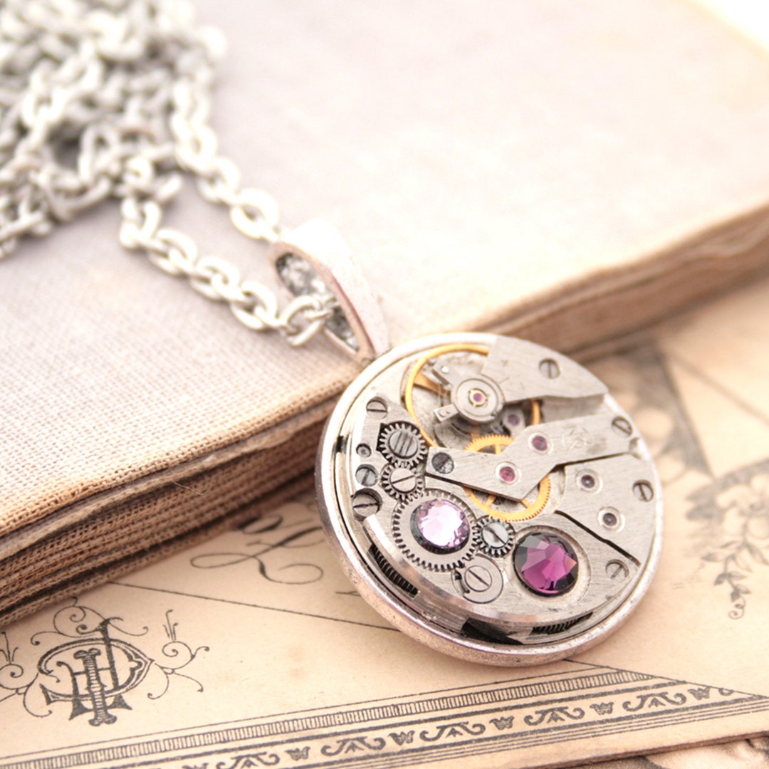 Steampunk Watch Movement Necklace: Amethyst February Birthstone Pendant ...