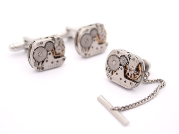 Cufflinks and Tie Tack With Chain Watch Movement Tie Pin and - Etsy