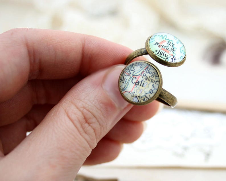 Thumb Ring Double Map Bronze Ring With Map Locations Custom - Etsy