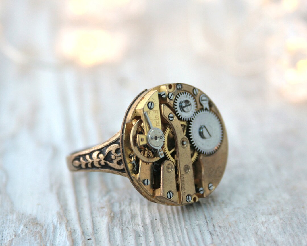 Unique Gothic Signet Ring: Handcrafted With Golden Watch Movement ...