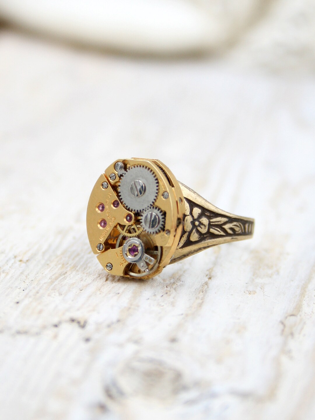 Steampunk Signet Ring: Gold Watch Movement, Adjustable Brass Band - Etsy