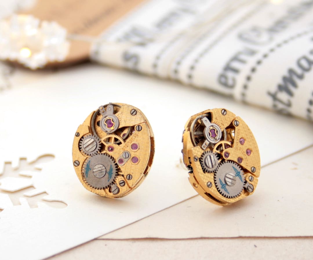 Steampunk Watch Mechanism Earrings: Gold Tone, Ruby Jewels, Sterling ...