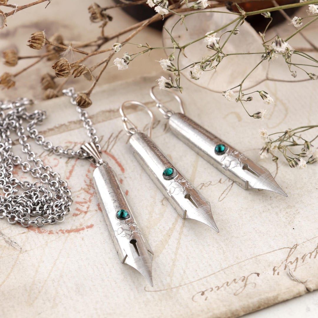 Emerald Pen Nib Jewelry Set: Sterling Silver Earrings & Necklace - Etsy UK