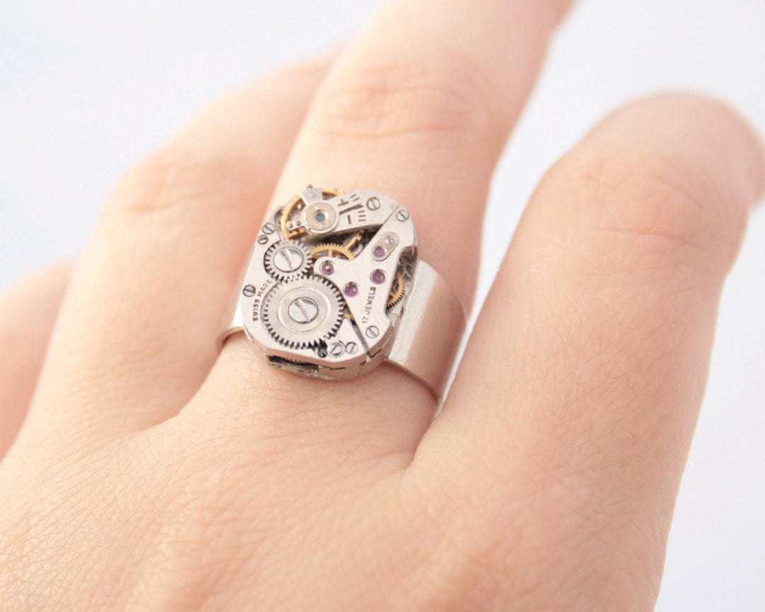 Steampunk Watch Movement Ring: Adjustable Silver Tone Band, Ruby Jewels ...