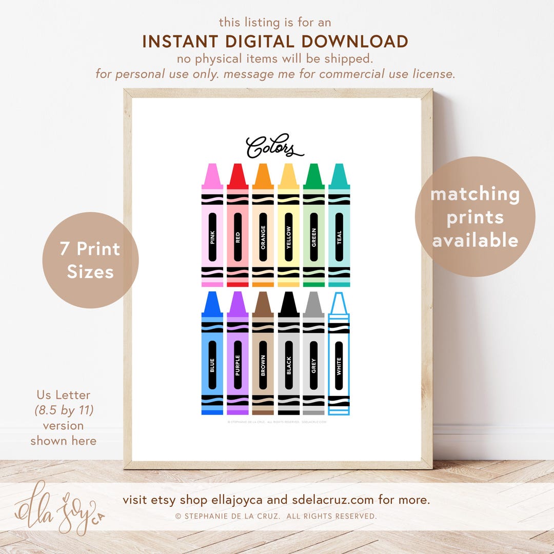 Colors Chart Print: Rainbow Crayons, Educational Montessori Poster ...