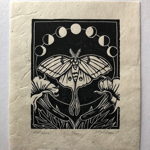 Linocut Moon - Etsy