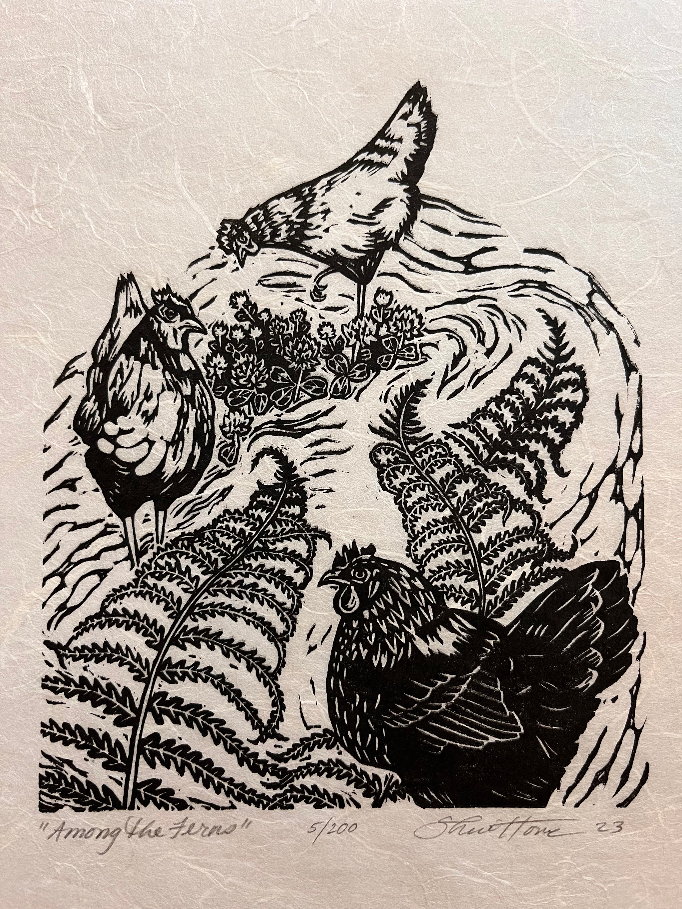 Among the Ferns, Chickens,hens,farm,garden,free Range,linocut,ferns ...