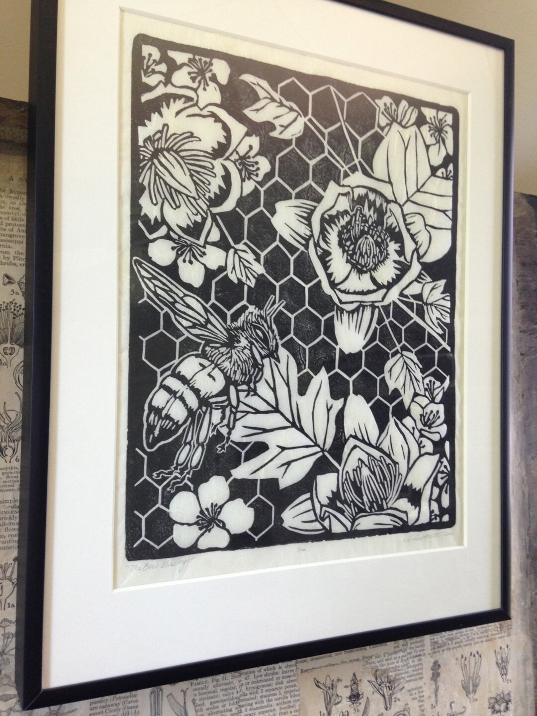 Honeybee,flower,botanical,bee,pollinator,linocut,blockprint,printmaking ...