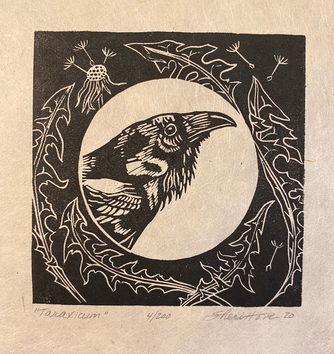 Taraxicum,dandelion,raven,blackbird,crow,lino,linocut,leaves,handmade ...