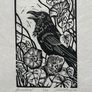 Raven,blackbird,corvus Corax,corvid,lino,linocut,morning Glory,botnical ...