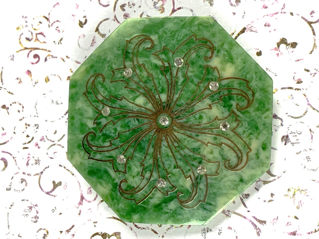 Vintage Octagon-shaped Green With Gold Design and Crystals Buckle - Etsy