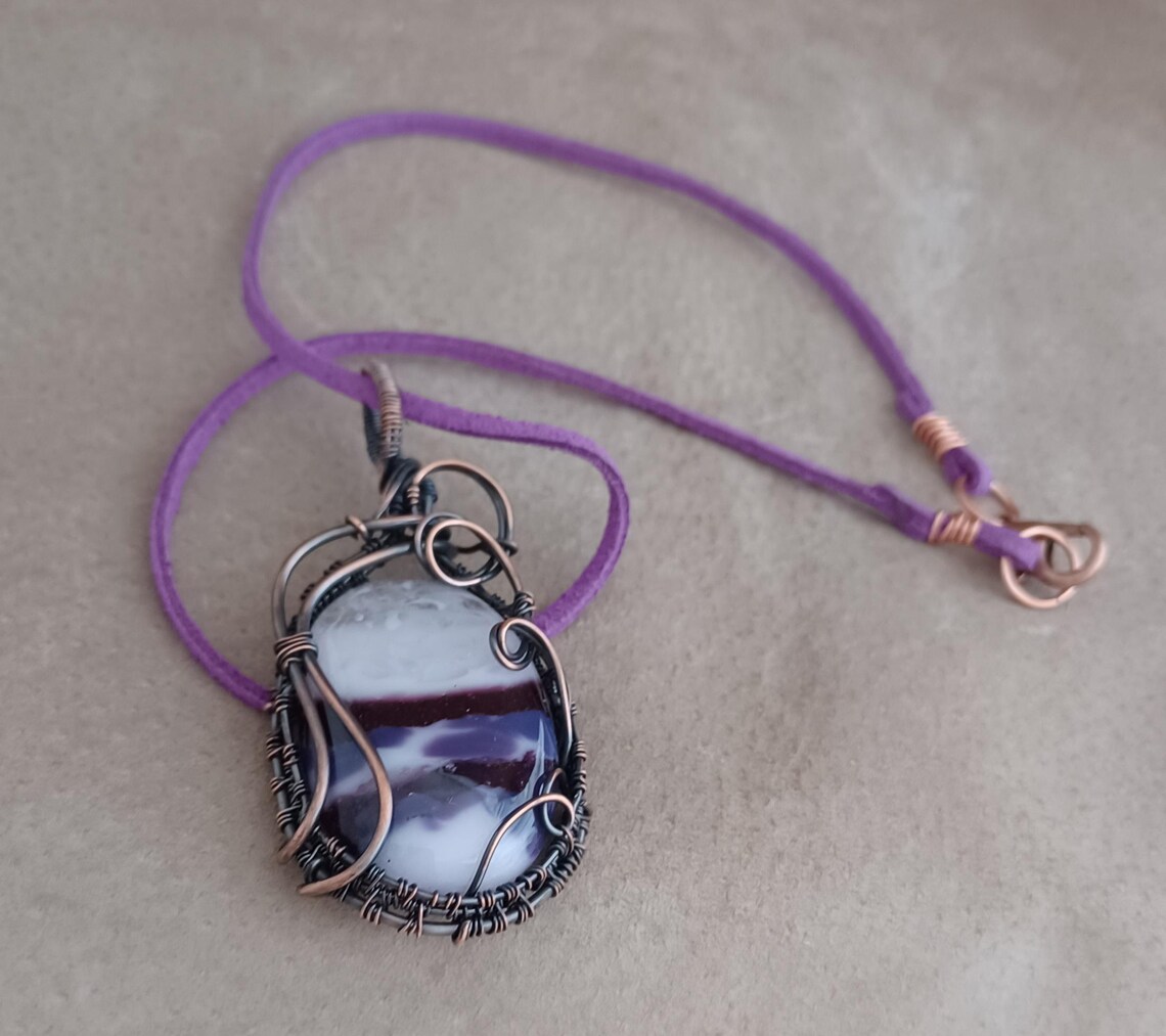 GP-02 Kilnformed Glass Pendant - Copper Wire Wrapped, 17" Purple Sued ...
