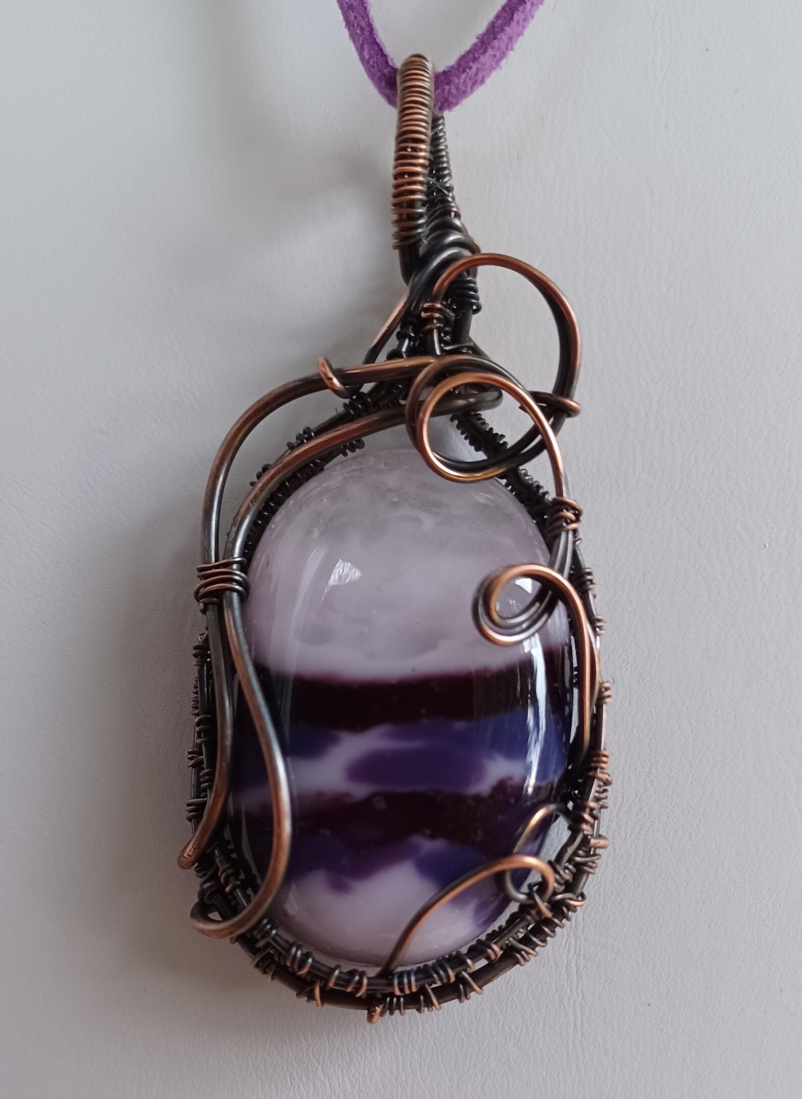 GP-02 Kilnformed Glass Pendant - Copper Wire Wrapped, 17" Purple Sued ...