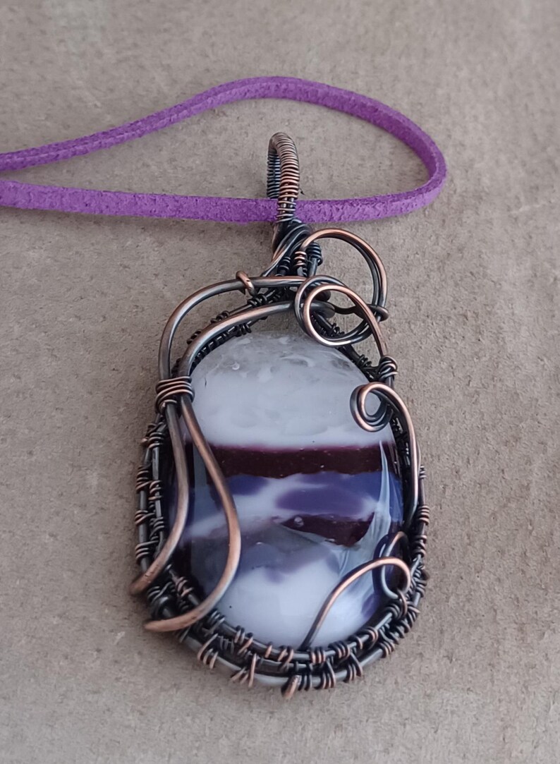 GP-02 Kilnformed Glass Pendant - Copper Wire Wrapped, 17" Purple Sued ...