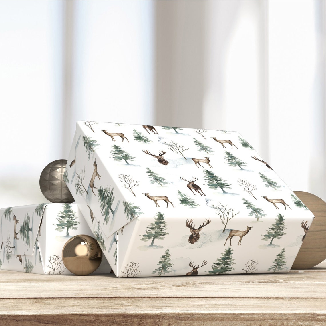 Christmas Wrapping Paper Deer and Trees Gift Wrap Sheets 20 - Etsy