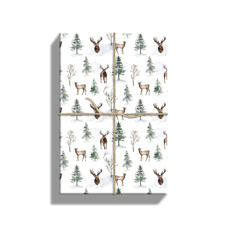 Christmas Wrapping Paper Deer and Trees Gift Wrap Sheets 20 - Etsy