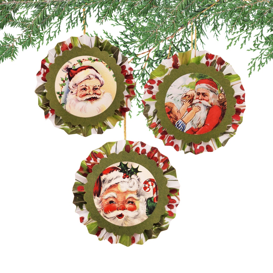 Santa Ornaments, Rosette Paper Christmas Ornaments, Vintage Christmas ...